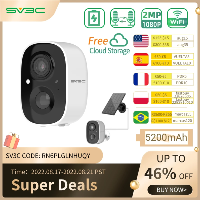 Solar Wifi Camera Outdoor, Sv3c 1080p Wireless Battery Surveillance ...