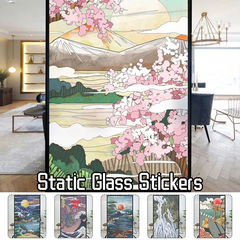 Japanese Style Privacy Window Film Static Cling Stained Ukiyo-e Cherry ...
