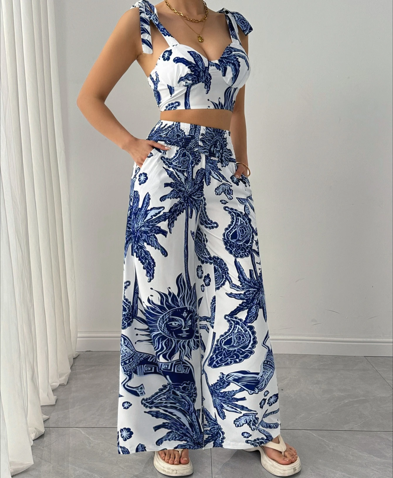 Two Piece Sets Women Pant Print Sling Tops High Waist Wide Leg Pants ...