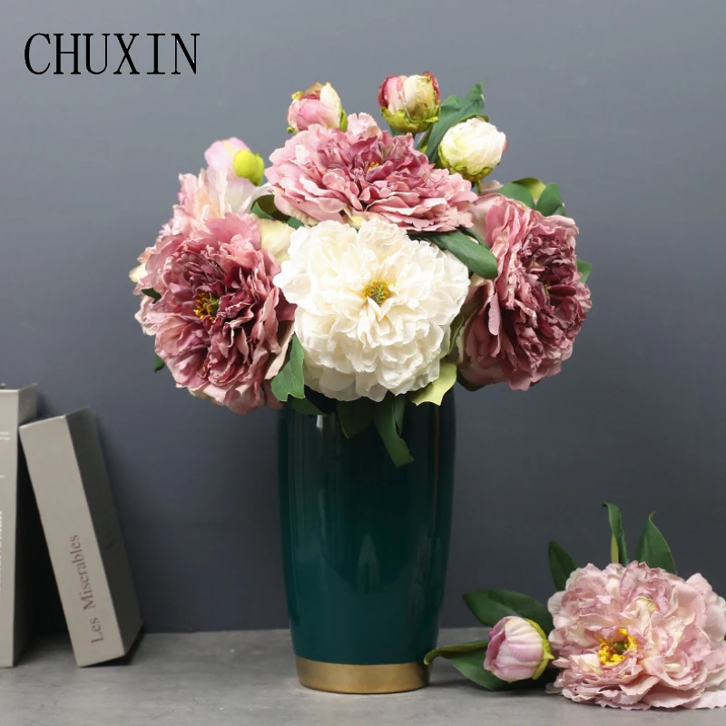 2 Heads Oil Painting Roasted Edge Peony Artificial Flowers Table Floral ...