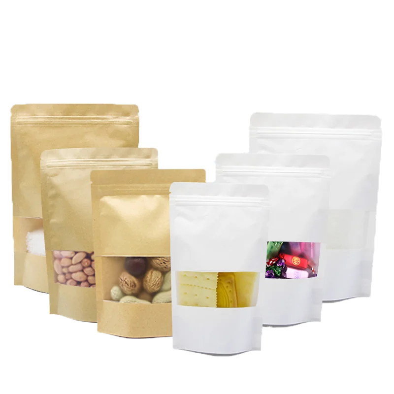 25-50pcs-White-Brown-Kraft-Paper-Stand-Up-Package-Bags-With-Window-Heat ...