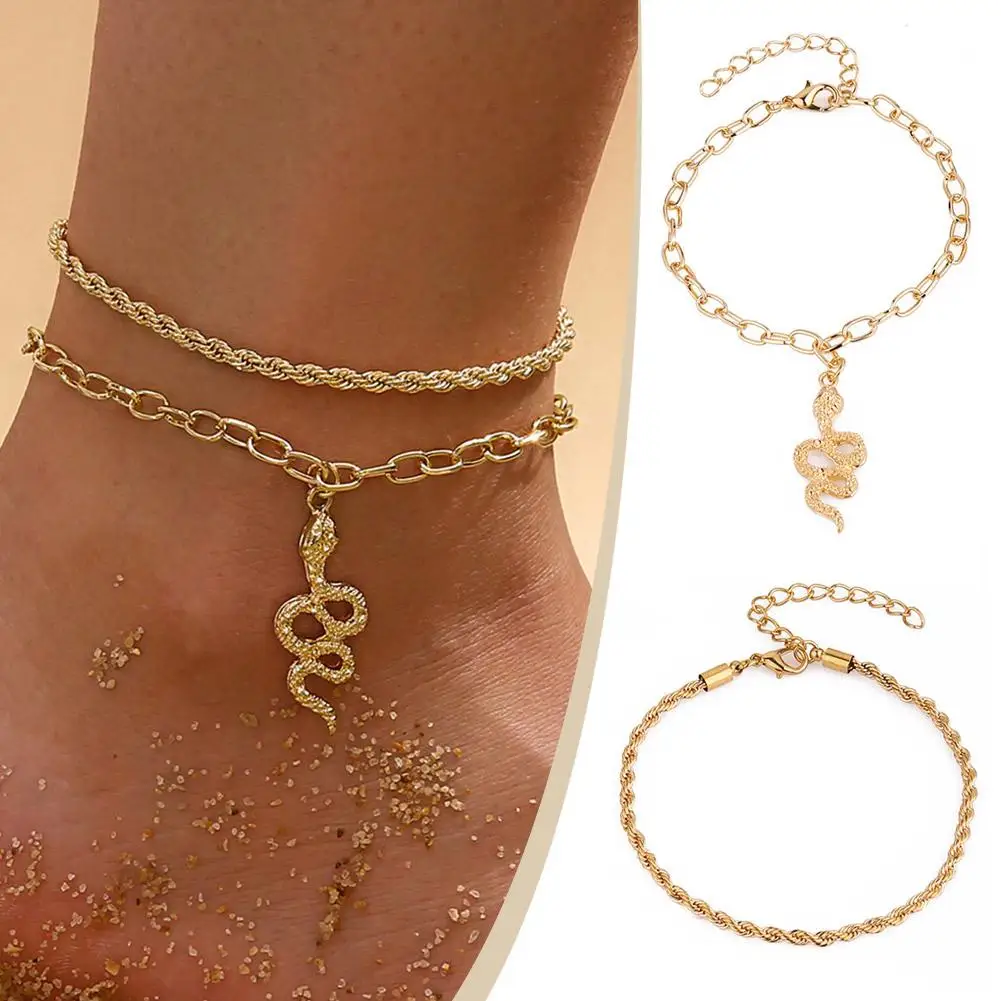 Snake-Shaped-Pendant-Double-layer-Foot-Chain-Trendy-Jewelry-Gold-Foot ...