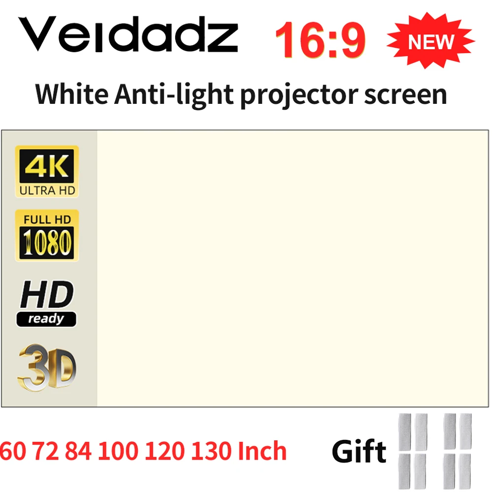 VEIDADZ Projector Screen 100 120 130 inch White Grid Anti-Light 160 ° Viewing Angle Projection ...