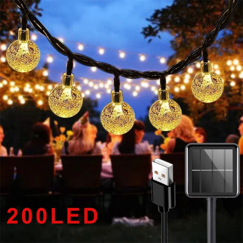 새로운 슈퍼 긴 태양 Usb 문자열 조명 야외 200 Led 크리스탈 글로브 조명 8 모드 방수 정원 홈 파티 크리스마스