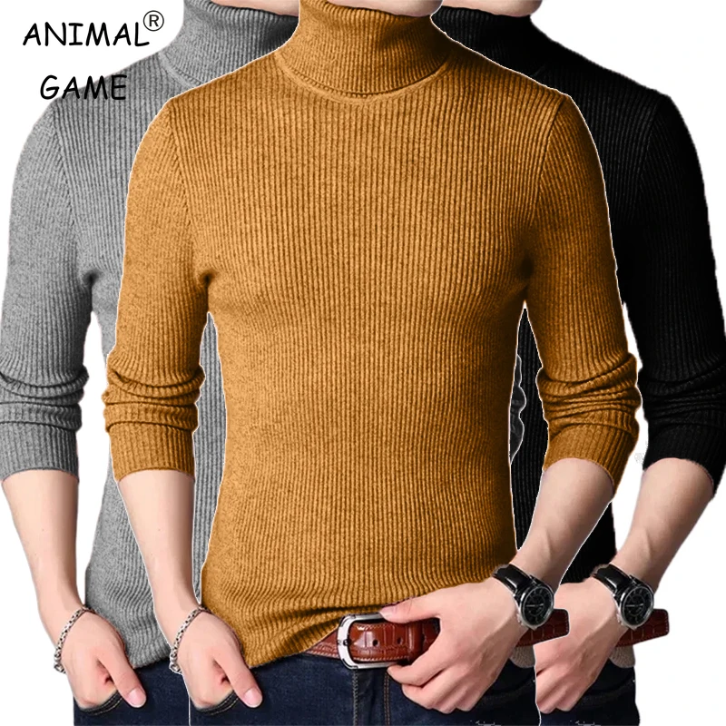 Streetwear Autumn Men's Long Sleeved Turtleneck Sweater Stripes Knitted ...