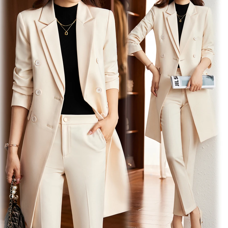 Khaki High Quality Autumn Winter Formal Ladies Lengthen Blazer Women ...