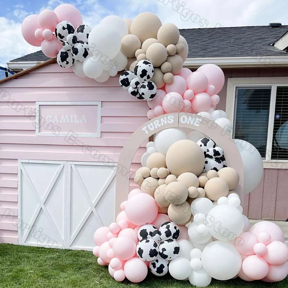 139Pcs Cow Farmland Theme Party Pink white Khaki Balloon Garland 12inch ...