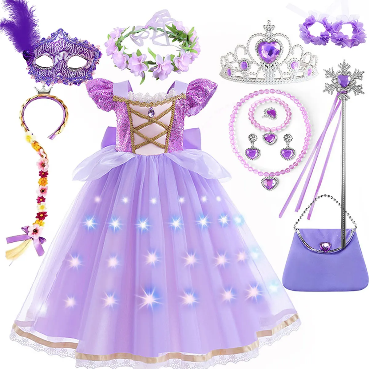 Disney-Rapunzel-Purple-Short-Sleeves-Tutu-Skirt-Lace-White-Led-Dress ...