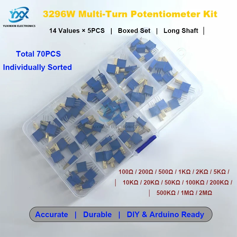70PCS 3296W Multi-Turn Potentiometer Kit Long Shaft 14 Values × 5PCS ...