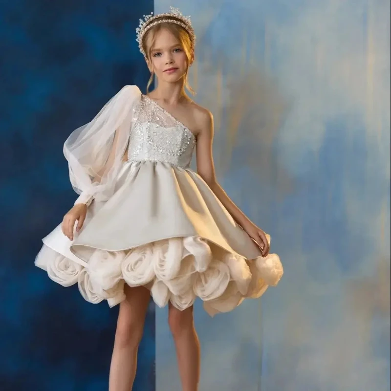 Kids Girls One Shoulder Party Dress Puffy Flower Girl Gown Host Pageant ...