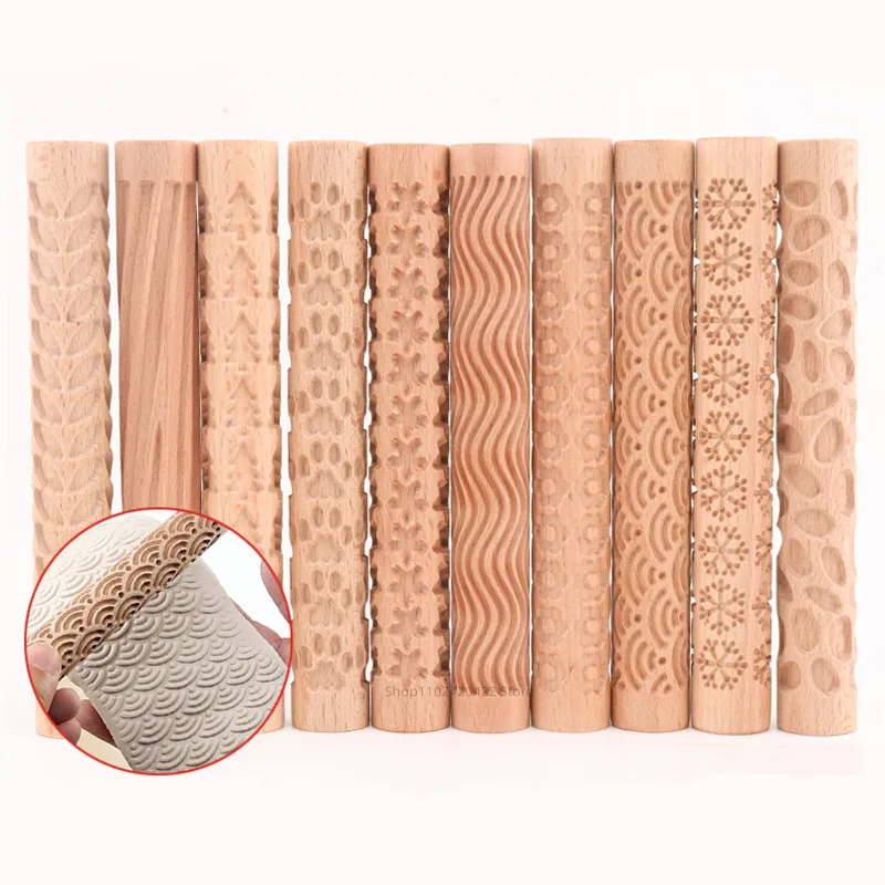 Wooden-Texture-Rolling-Pin-Ceramic-Pottery-Art-Embossed-Rod-Flower ...