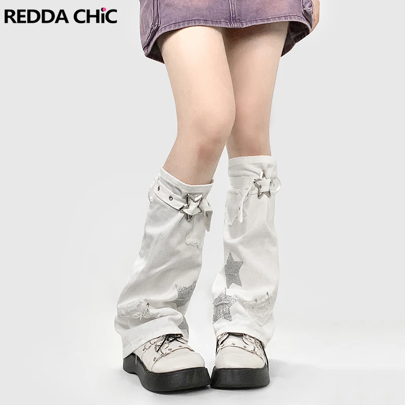 REDDACHiC-Y2k-Glitter-Star-White-Denim-Leg-Warmers-Knee-length-Boots ...