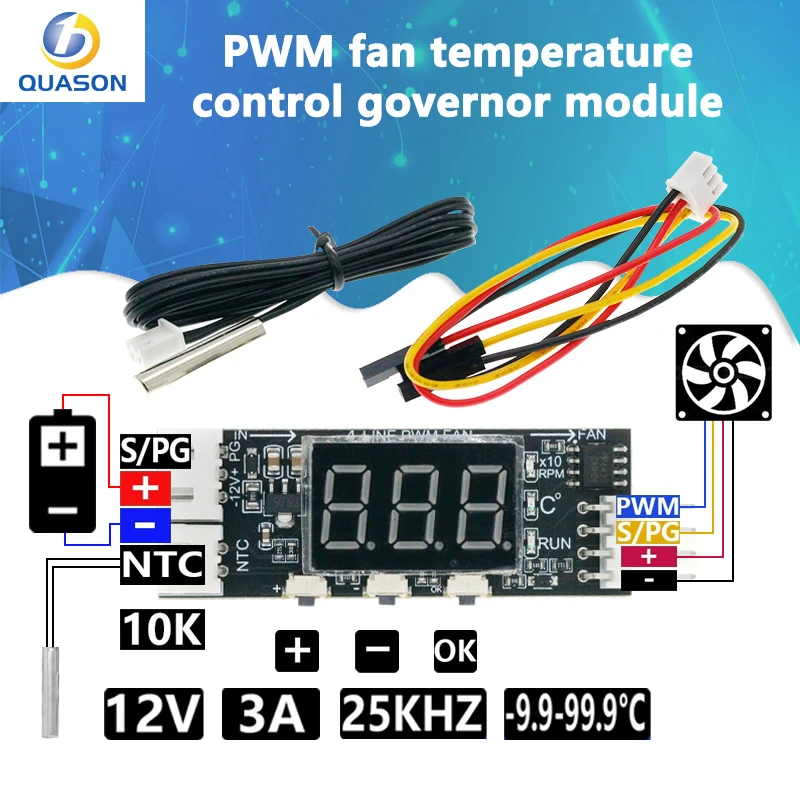 DC-12V-4-Wire-PWM-Fan-Temperature-Control-Governor-Temperature-Speed-Digital-Display-Support-3A ...