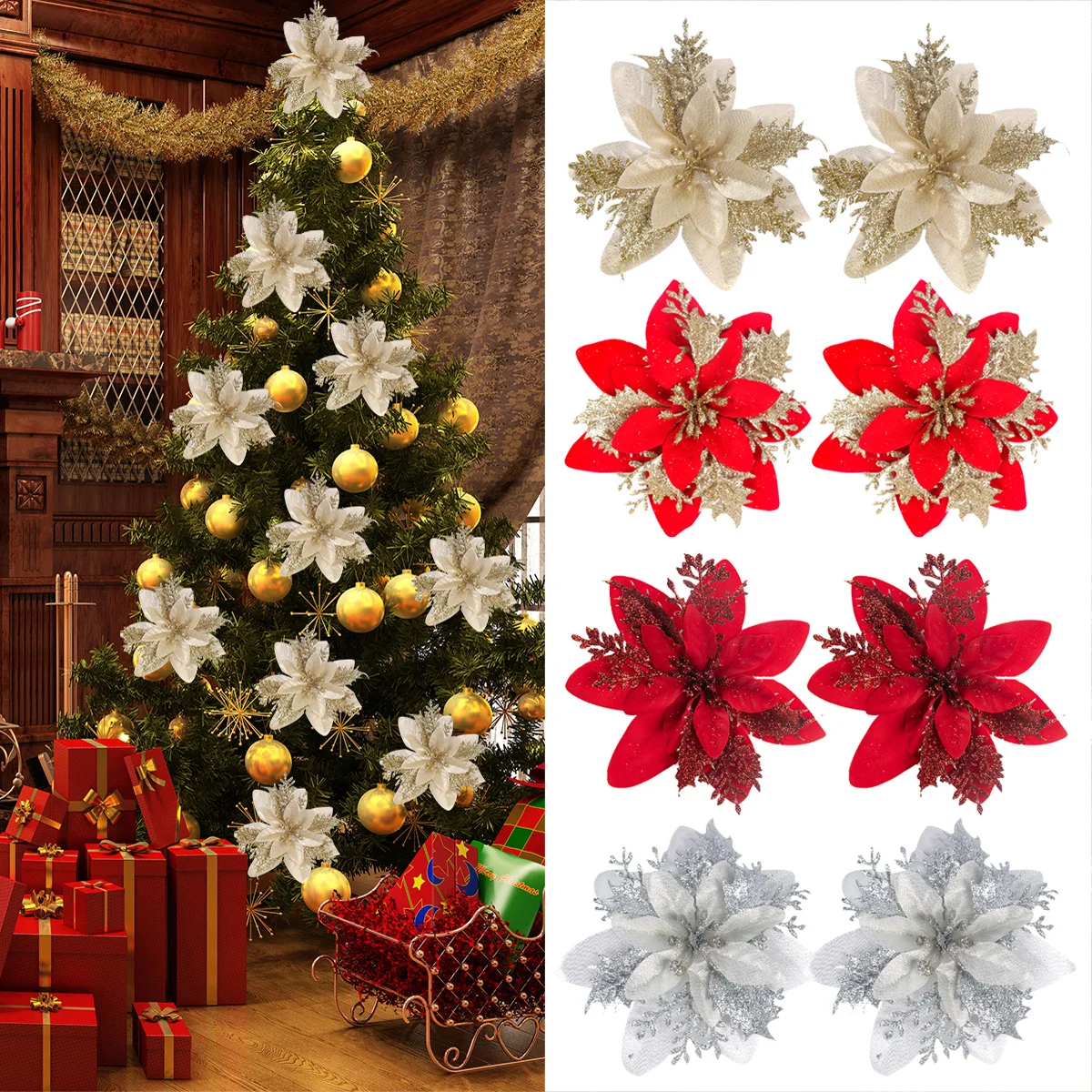 5-10pcs-Glitter-Artificial-Christmas-Flowers-Red-Gold-Poinsettia-Flower ...