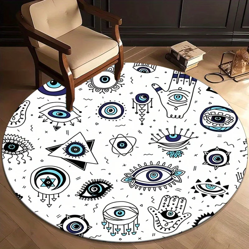 Evil eye pattern round rug white background protective symbol bohemian ...