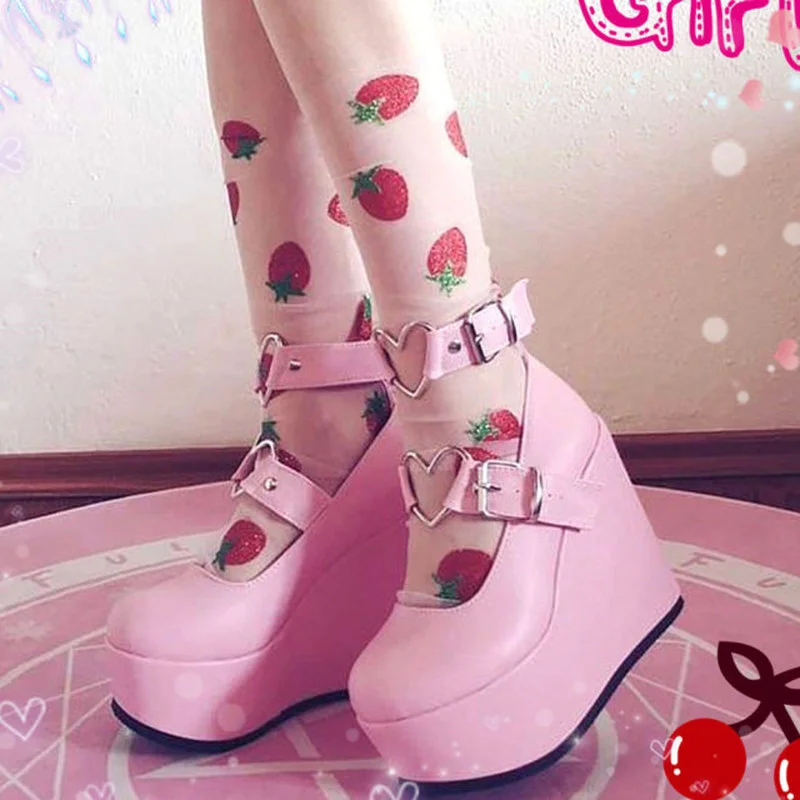 Comemore New Sweet Lolita Style Gothic Cosplay Black Pink Cozy Wedges ...