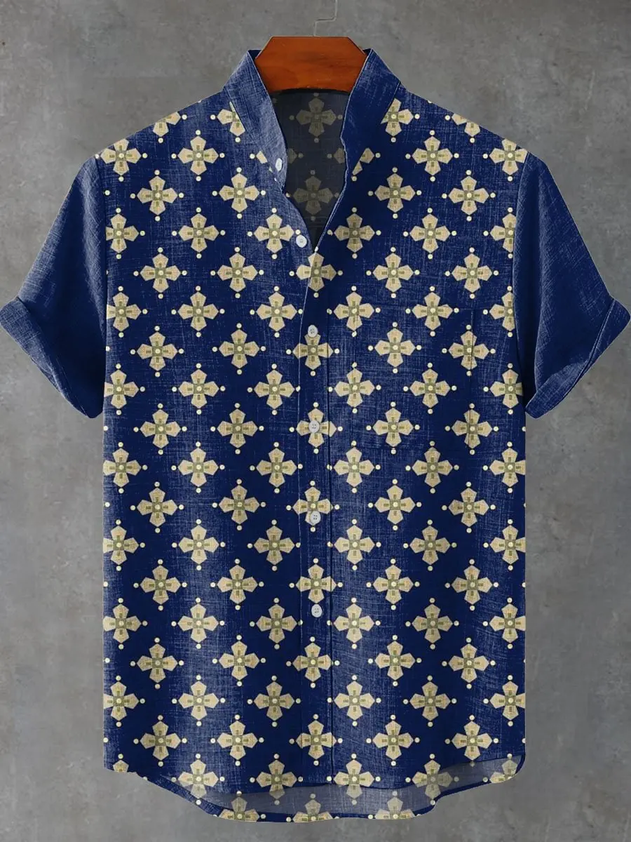 New Men's Short Sleeve Pattern Shirt - Vintage Linen Summer Shirt ...