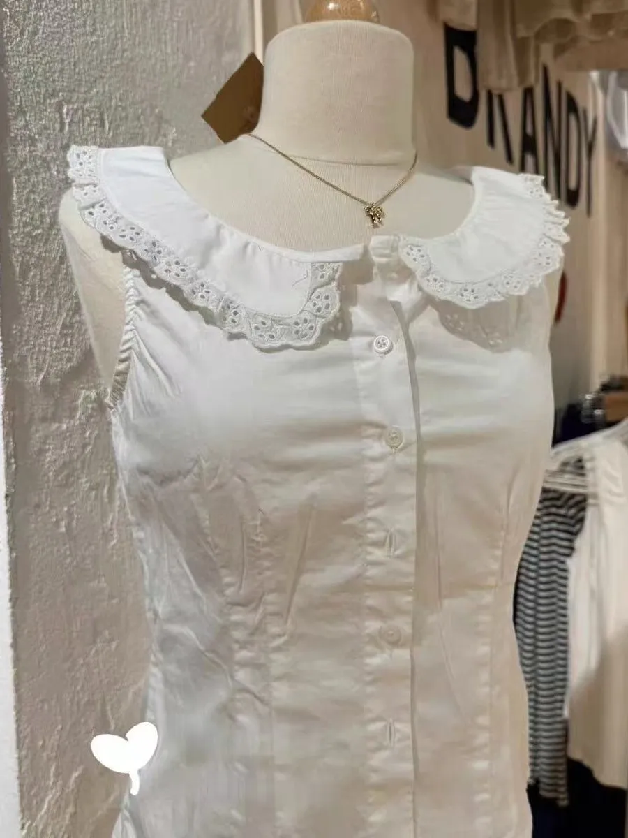 White Lace Trim Button Tank Tops Women Summer New Streetwear Slim ...