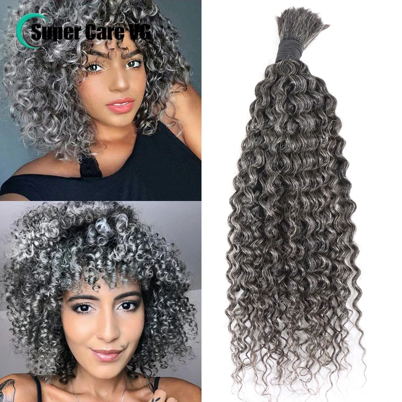 Grey Kinky Curly Locks Human Hair Bulk For Braiding Virgin Brazilian ...