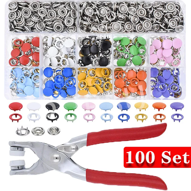 100-Sets-Snap-Fasteners-Tool-Kit-Hollow-and-Solid-Metal-Prong-Snaps ...