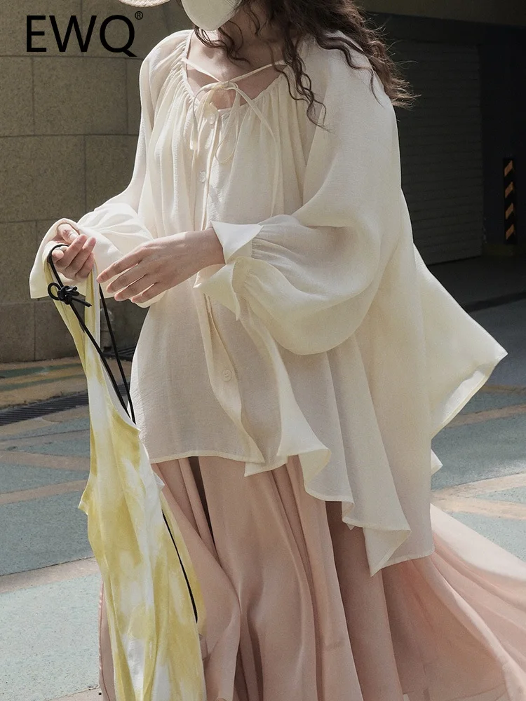 EWQ Lace up Design Women's Blouses Solid Korean Style Round Neck Long ...