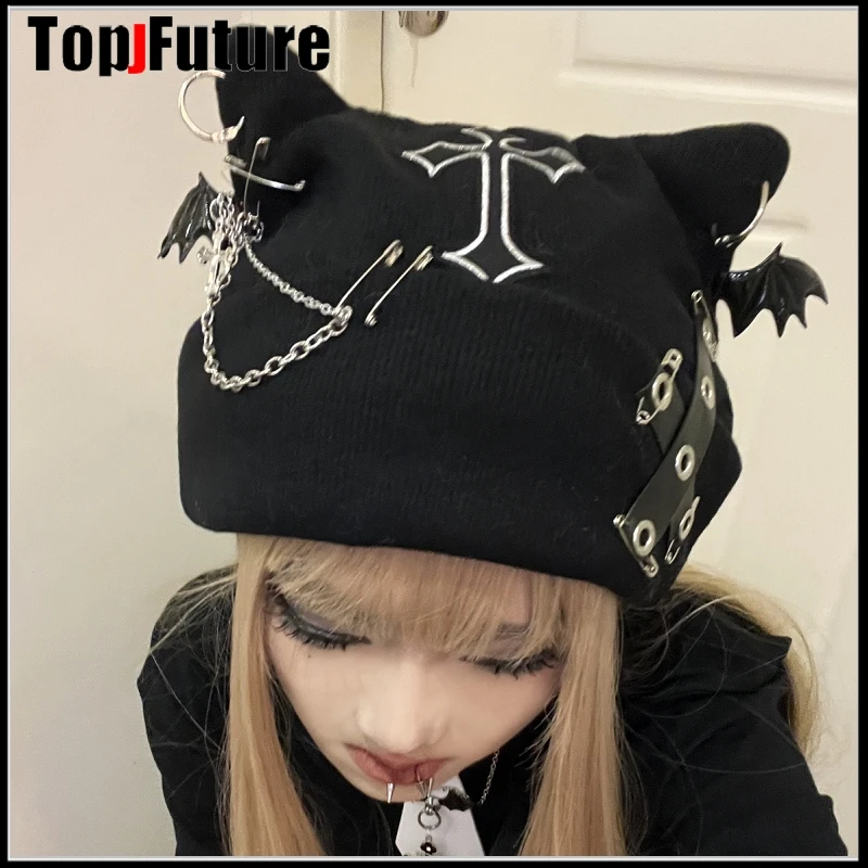 Harajuku-Gothic-Lolita-Knitted-Cat-Ear-Hat-Women-Punk-Designer-Cross ...