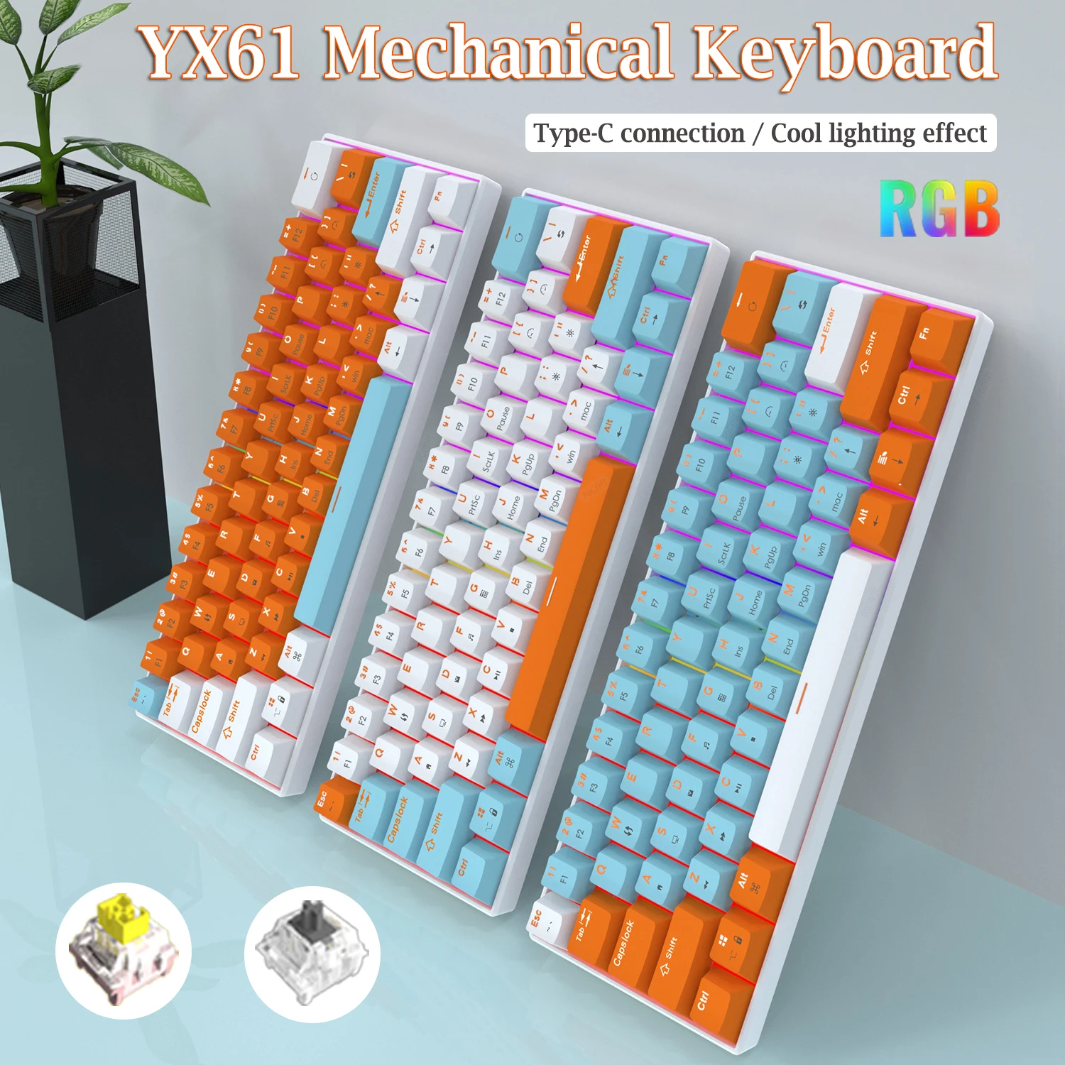 YX61 Type C Teclado mecânico de jogos com fio, 61 teclas, RGB retroiluminado, 60% removível ...