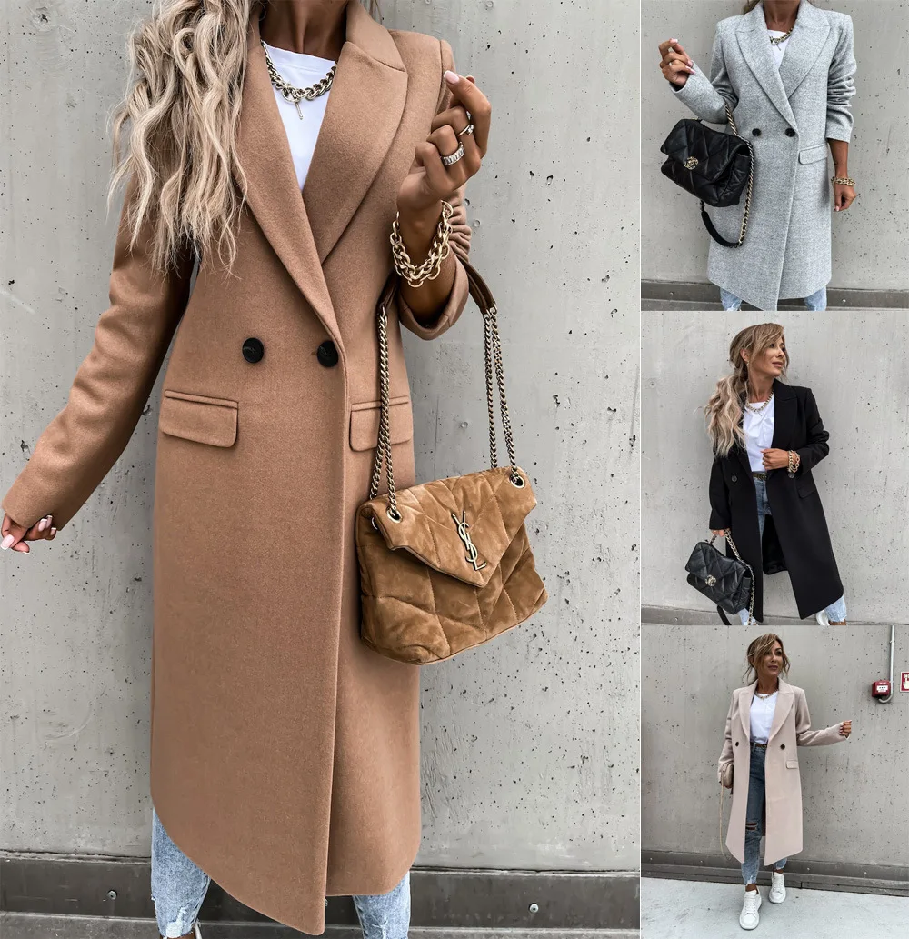 Autumn Winter Blends Coats Women Solid Color Long Suit Collar Windbreak ...