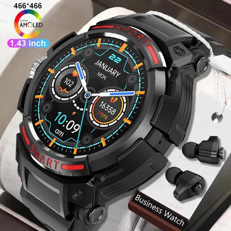 New-Smart-Watch-2-in-1-With-Bluetooth-Headset-1-43-inch-AMOLED-BT-Call ...