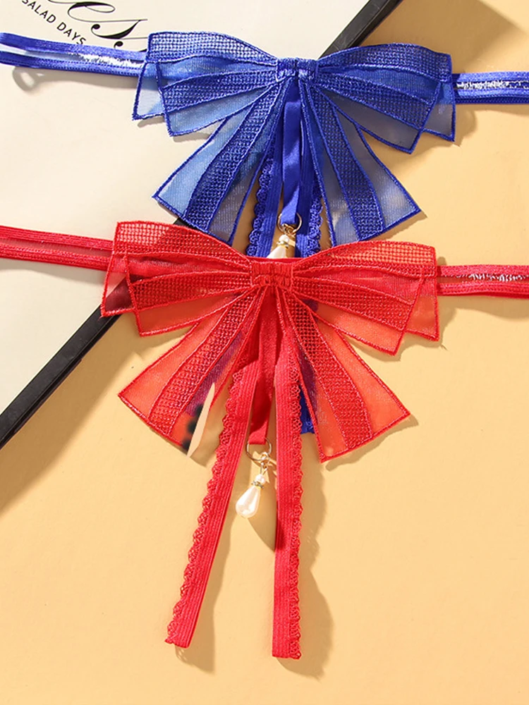 Sexy See Through Bow Pearl Women G String Hot Temptation Low Waist Open Crotch Embroidery ...