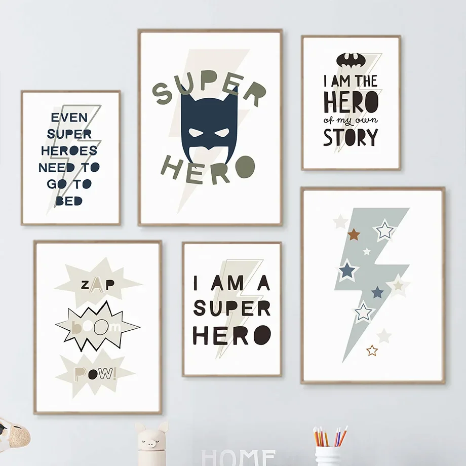 Wall Art Canvas Painting Super Boys Hero Lightning Quotes Cute Cartoon ...