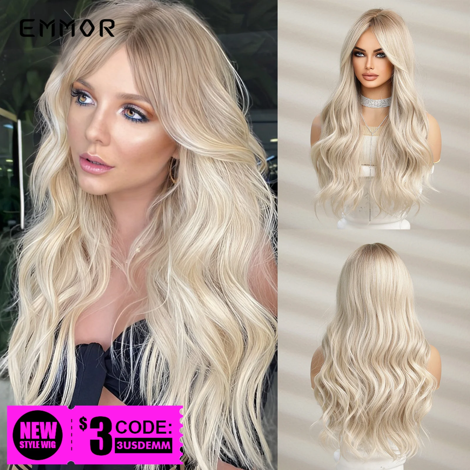 Emmor Ombre Black to Light Blonde Hair Wig Synthetic Long Wavy Wigs with Bangs for Women Cosplay ...
