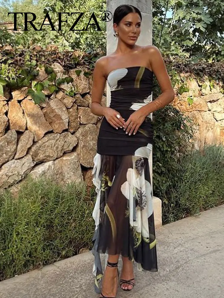 TRAFZA-Women-Fashion-Tulle-Sheath-Strapless-Dress-Ruffles-Slim-Off ...