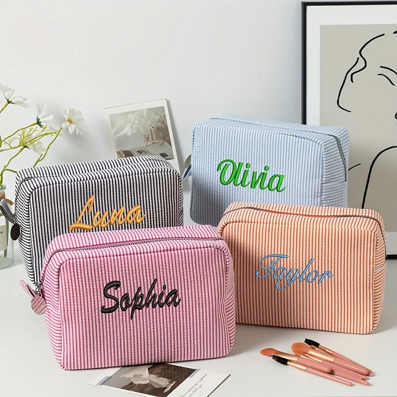 Embroidered Striped Makeup Bag - Personalized Cosmetic Case Stylish ...