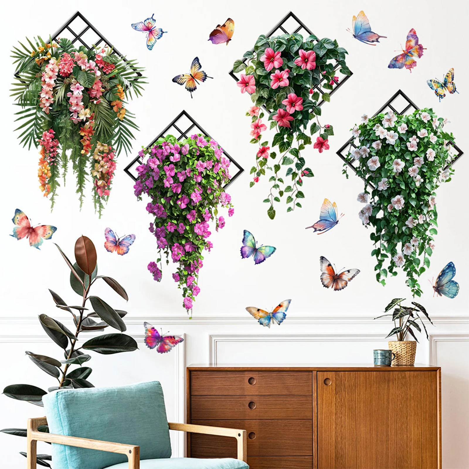 Greenery Wall Stickers Butterfly Hanging Flower Plant Peel and Stick ...