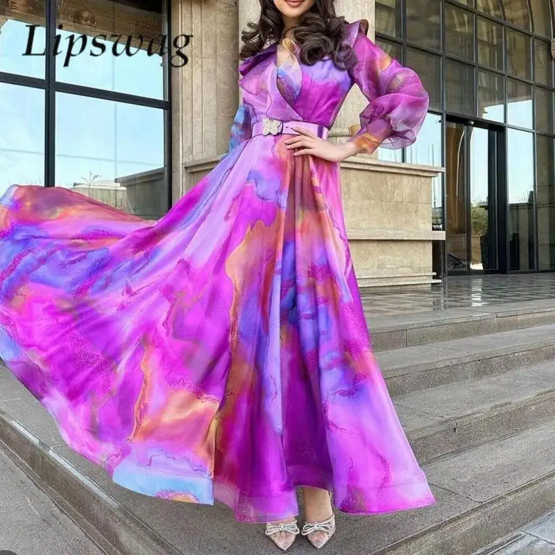 Spring Autumn Fashion Mesh Colorful Print Party Dress Women Elegant ...
