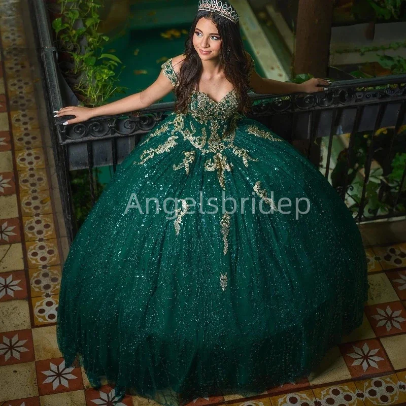 Angelsbride-2025-Emerald-Green-Ball-Gown-Quinceanera-Dresses-With-Shiny-Tulle-Gold-Appliques ...