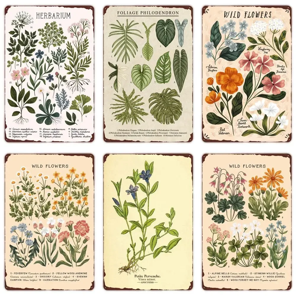 Wild Flowers Plant Vintage Metal Tin Sign Herbarium Art Plaque Poster ...