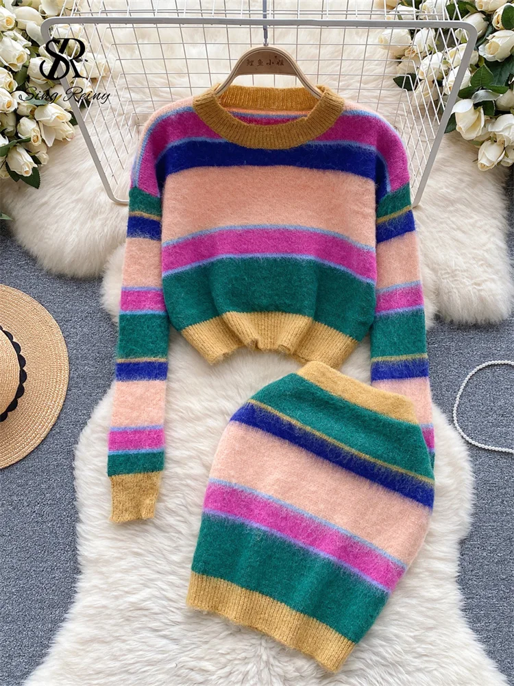 SINGREINY-Sweet-Rainbow-Women-Suits-O-Neck-Long-Sleeves-Pullover-Mini ...