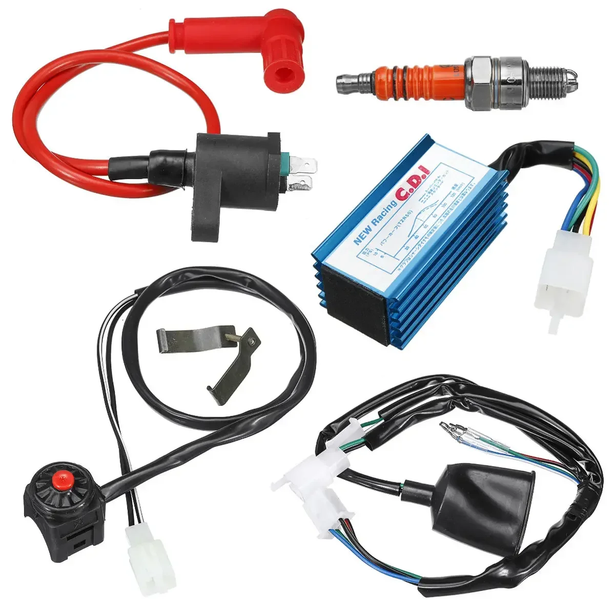 110 125cc 140cc Wiring Loom Ignition Coil CDI Spark Plug Kit Kick Start ...