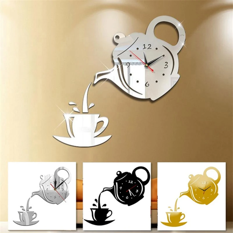 3D DIY Teapot Shape Wall Clock Acrylic Mirror Clock Modern Kitchen Home ...