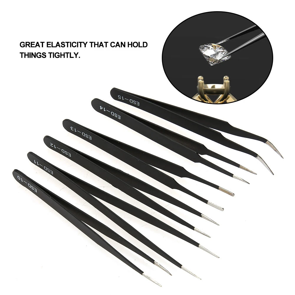 6pcs Stainless Steel Tweezers Esd Anti-static Precision Curved Straight ...