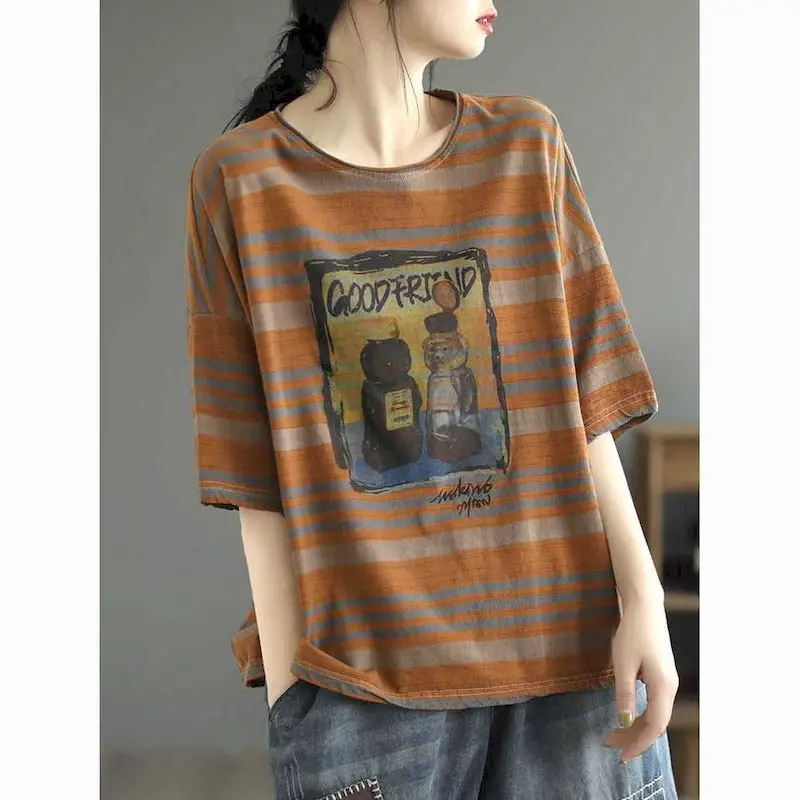 Original-Vintage-T-Shirts-Women-Cotton-Printed-Washed-Old-Striped-T ...