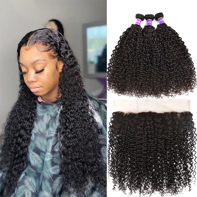 Kinky Curly Bundles With Frontal Peruvian Curly 100% Human Hair Bundles ...