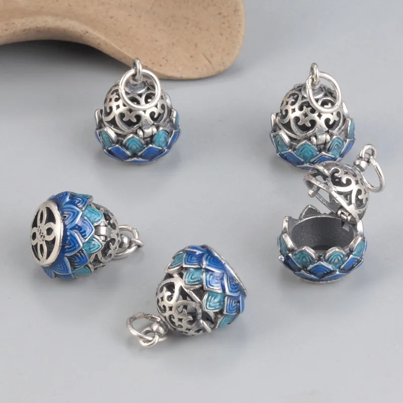 925-Sterling-Silver-Blue-Lotus-Flower-Pendants-Can-Open-Ethnic-Vintage ...
