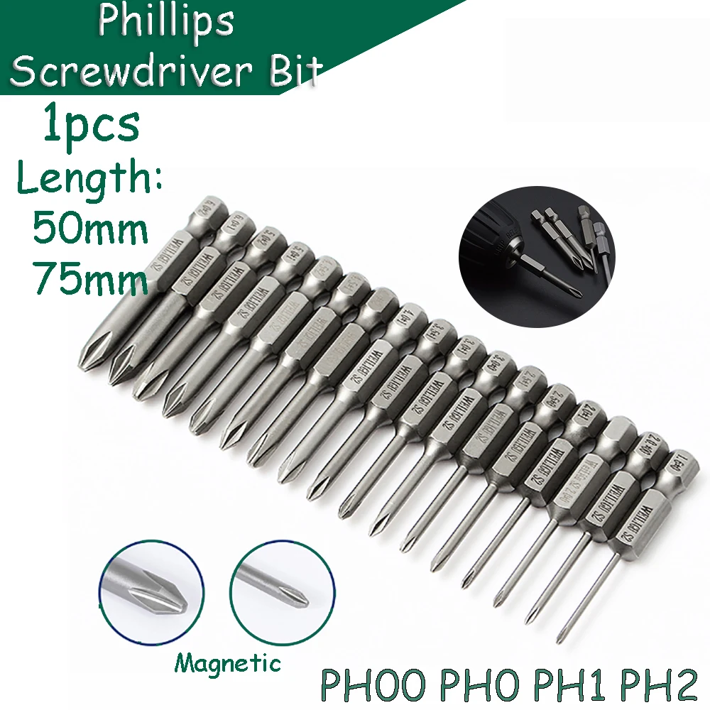 1pcs Phillips Screwdriver Bit PH00 PH0 PH1 PH2 Magnetic 1/4 in. Hex ...