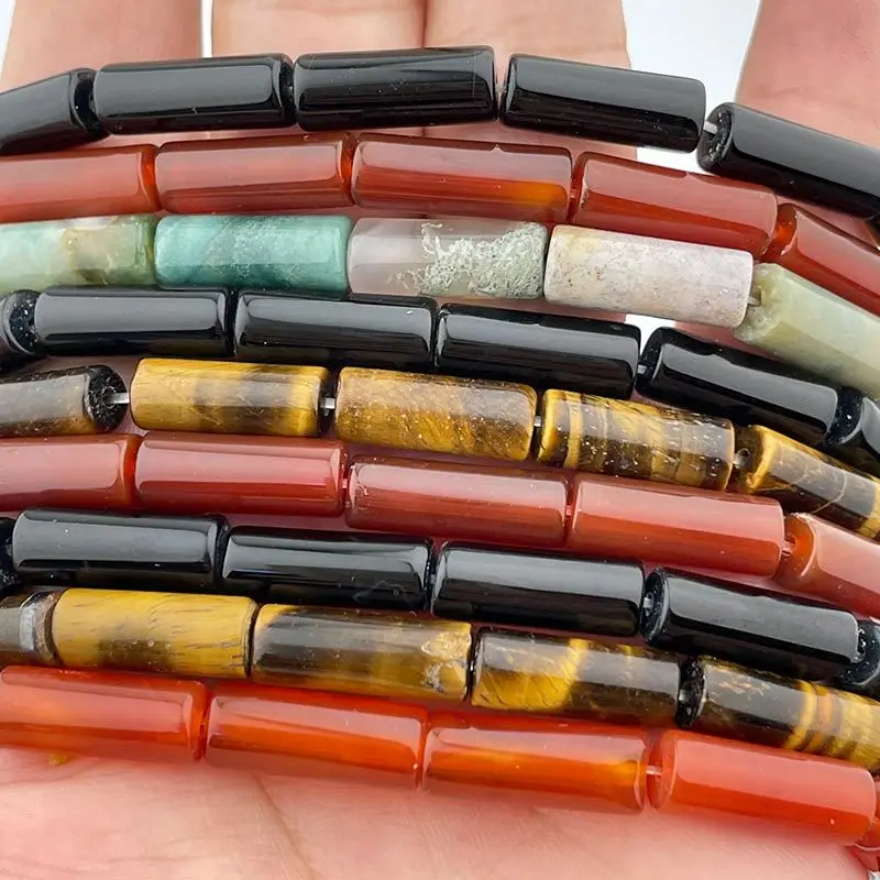 Natural-Agates-Tiger-Eye-Shell-Beads-Column-Stone-Strand-15-Inich ...