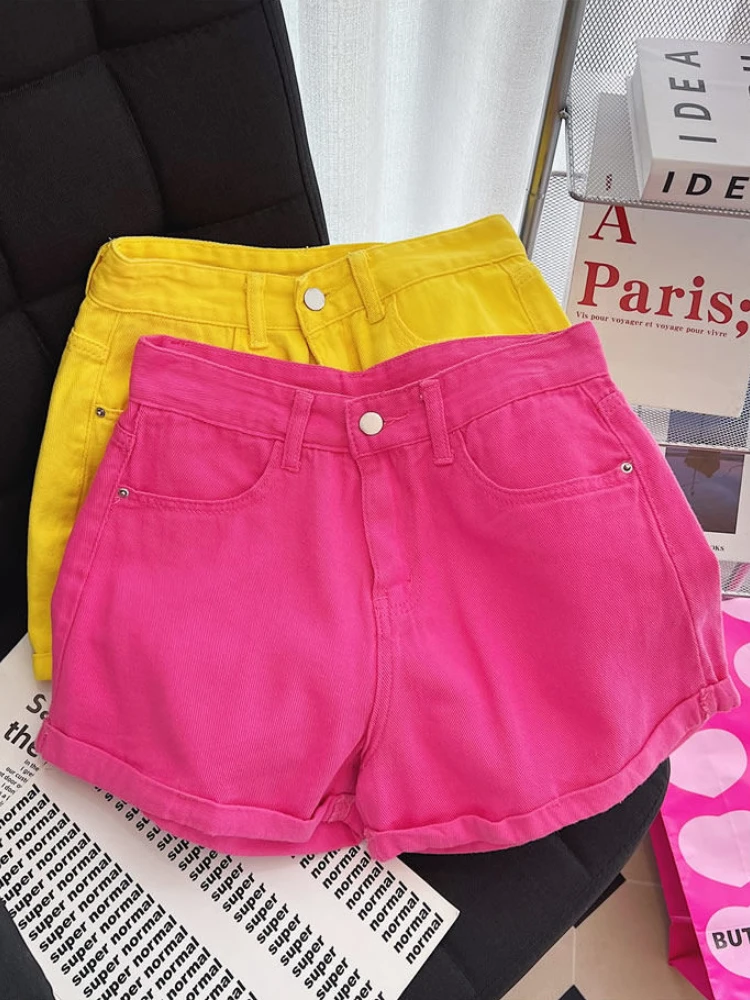 Rose Red Denim Shorts High Waisted Sexy Candy Color Women's Summer ...