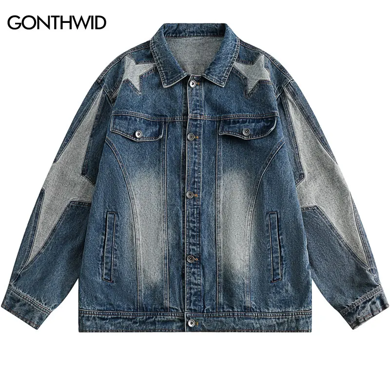 Hip Hop Blue Denim Jackets Streetwear Harajuku Embroidery Star Patchwork Washed Jeans Coats 2023 ...