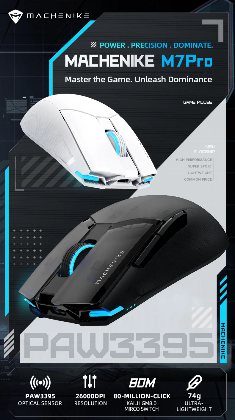 Machenike M7 Pro Gaming Mouse - Wired/Wireless, PAW3395 Sensor, 26000 DPI, 7 Buttons, 74g, RGB ...